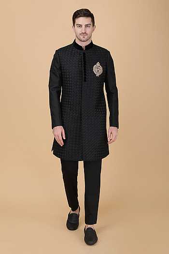 Buy Manish Nagdeo Black Tumble Weave Pattern Sherwani With Pant Online ...