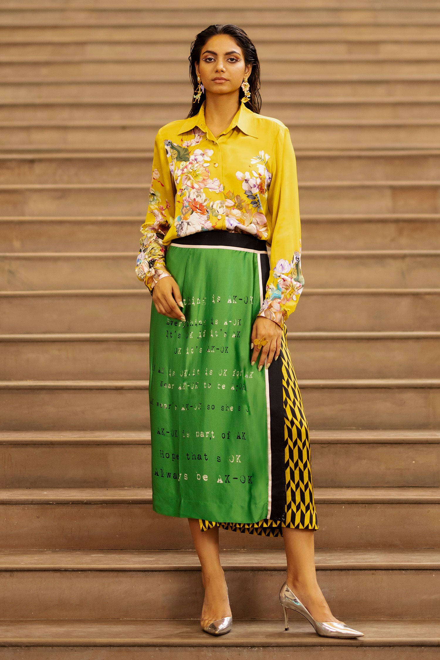 Buy Yellow Silk Printed Calligraphy Shirt Collar Wrap Skirt With For ...