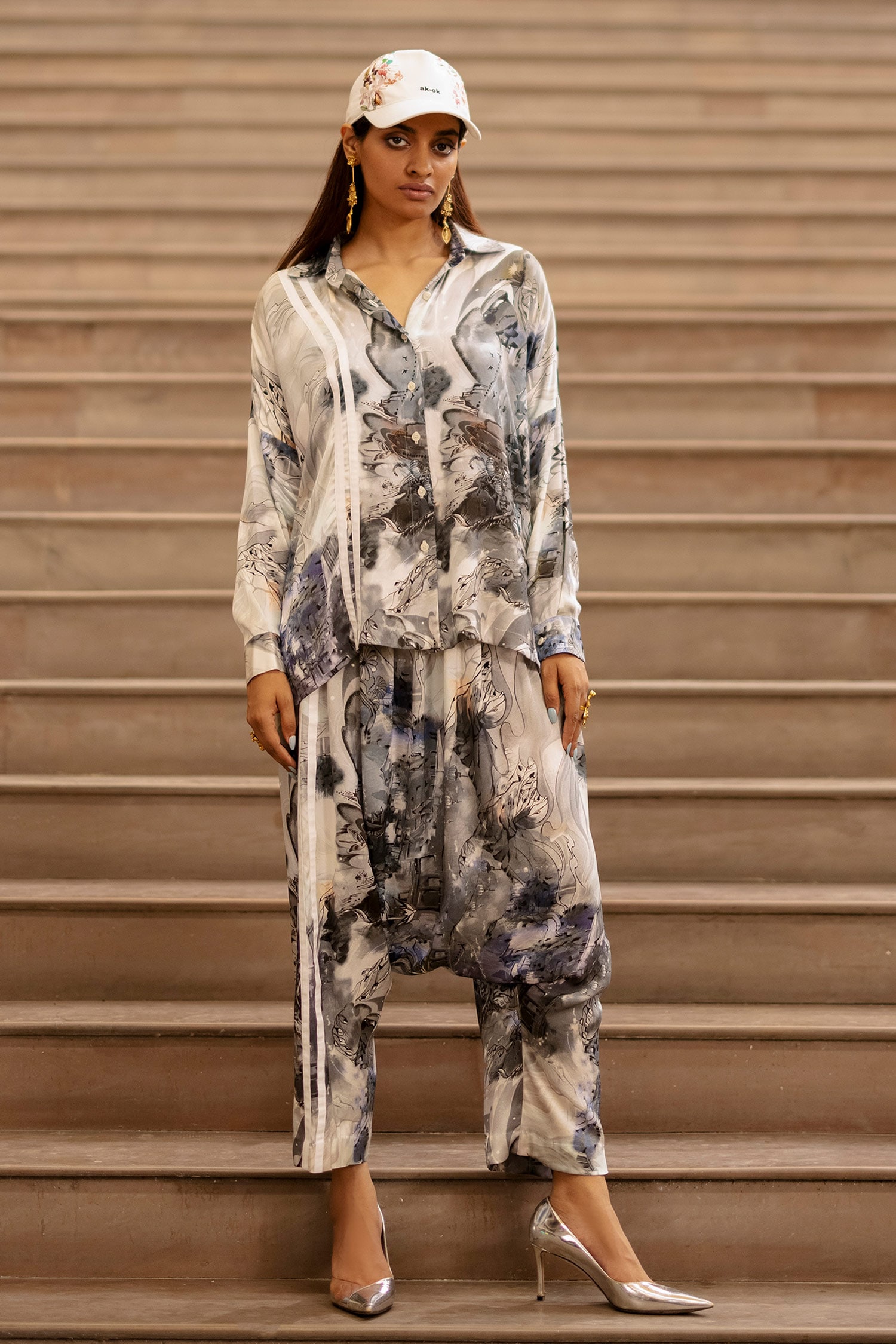 Buy AK-OK Blue Silk Ink Bleed Print Shirt With Pant Online | Aza Fashions