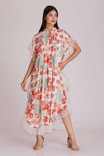 Buy Multi Color Cotton Silk Digital Printed Floral High Dress With Slip ...
