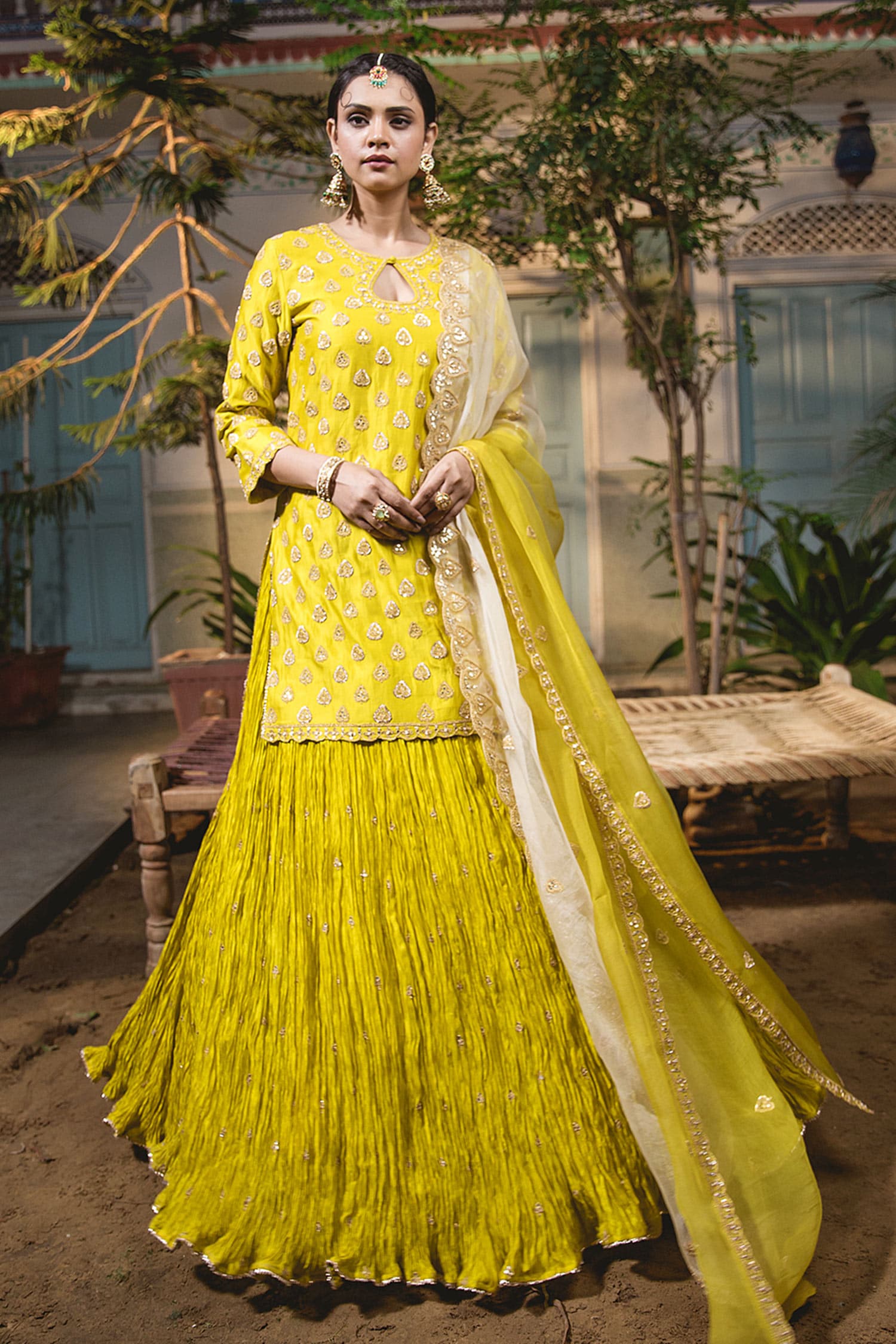Buy Surbhi Shah Yellow Floral Marori Embroidered Kurta Lehenga Set