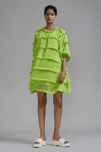 Buy Green 100% Cotton Plain Round Tiered Fringe Dress For Women by Mati ...