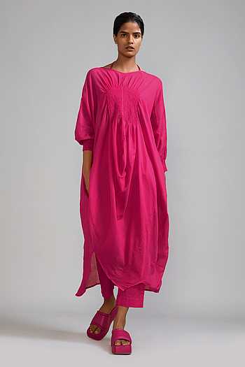 Buy Pink 100% Cotton Plain Tunic: Boat Neck Smock Panelled Cowl Set For ...