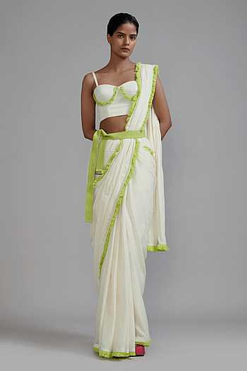Buy Mati Off White Cotton Fringe Detailed Corset And Saree Set Online ...