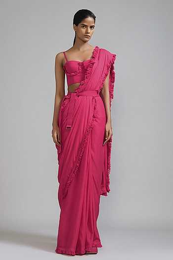 Buy Pink 100% Cotton Fringe Detailed Saree For Women by MATI Online at ...
