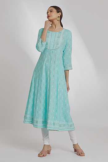 Buy Blue Viscose Rayon Printed Khari Round Anarkali For Women by Adara ...