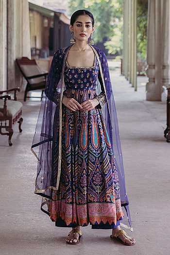 Buy Blue Dupion Silk Printed Floral Square Anarkali Pant Set For Women ...