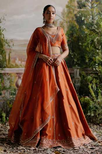 Buy Jigar Mali Orange Chanderi Floral Embroidered Lehenga Set Online ...