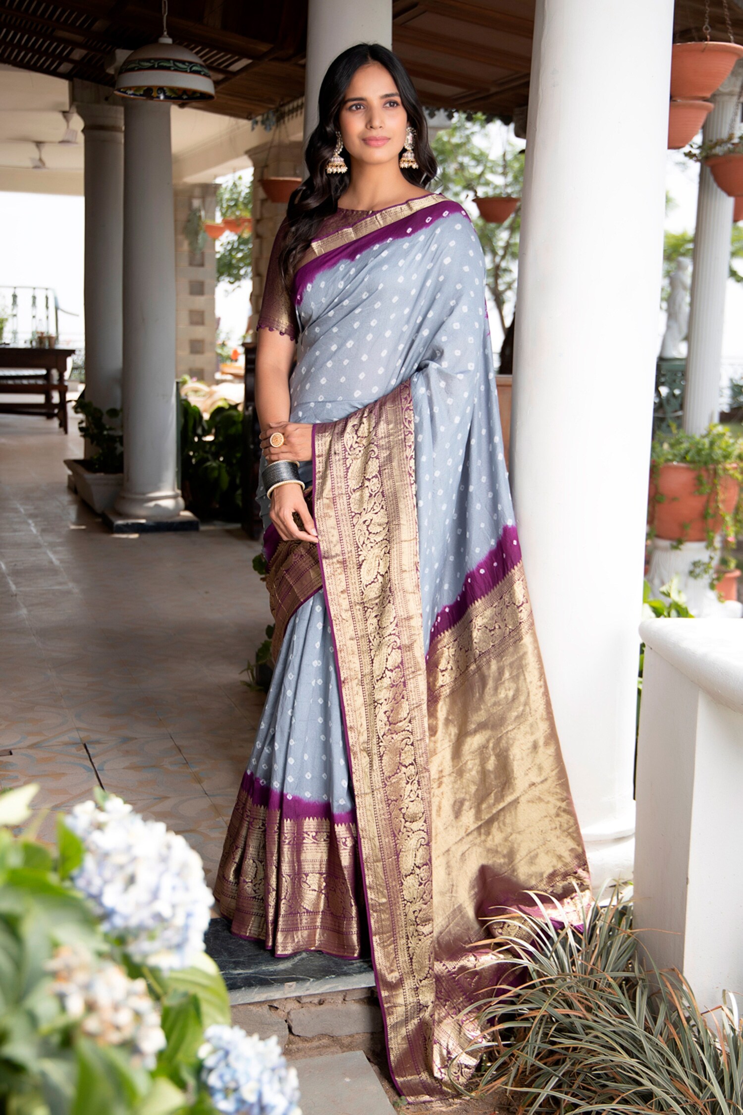 Buy Geroo Jaipur Grey Modal Silk Kanchipuram Zari Border Saree With ...