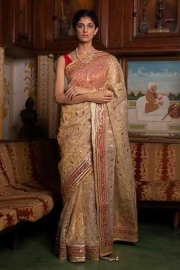 Buy Geroo Jaipur Gold Gota Jaal Embroidered Saree With Unstitched ...