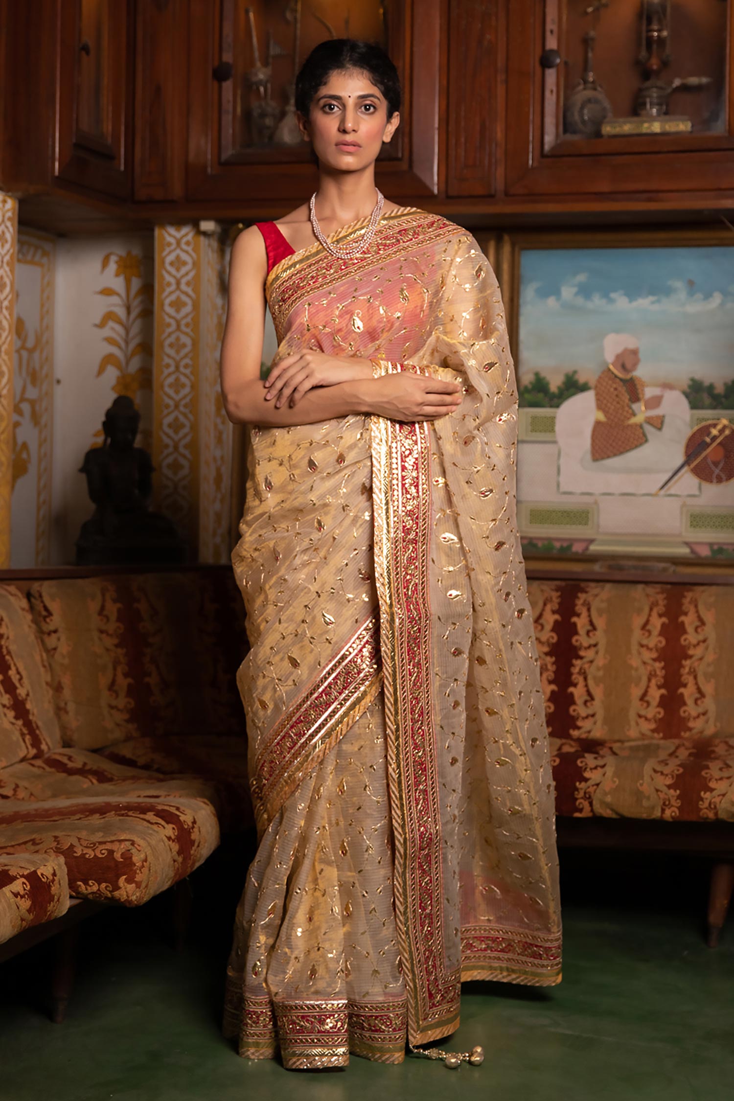 Buy Geroo Jaipur Gold Gota Paisley Embroidered Saree With Unstitched ...