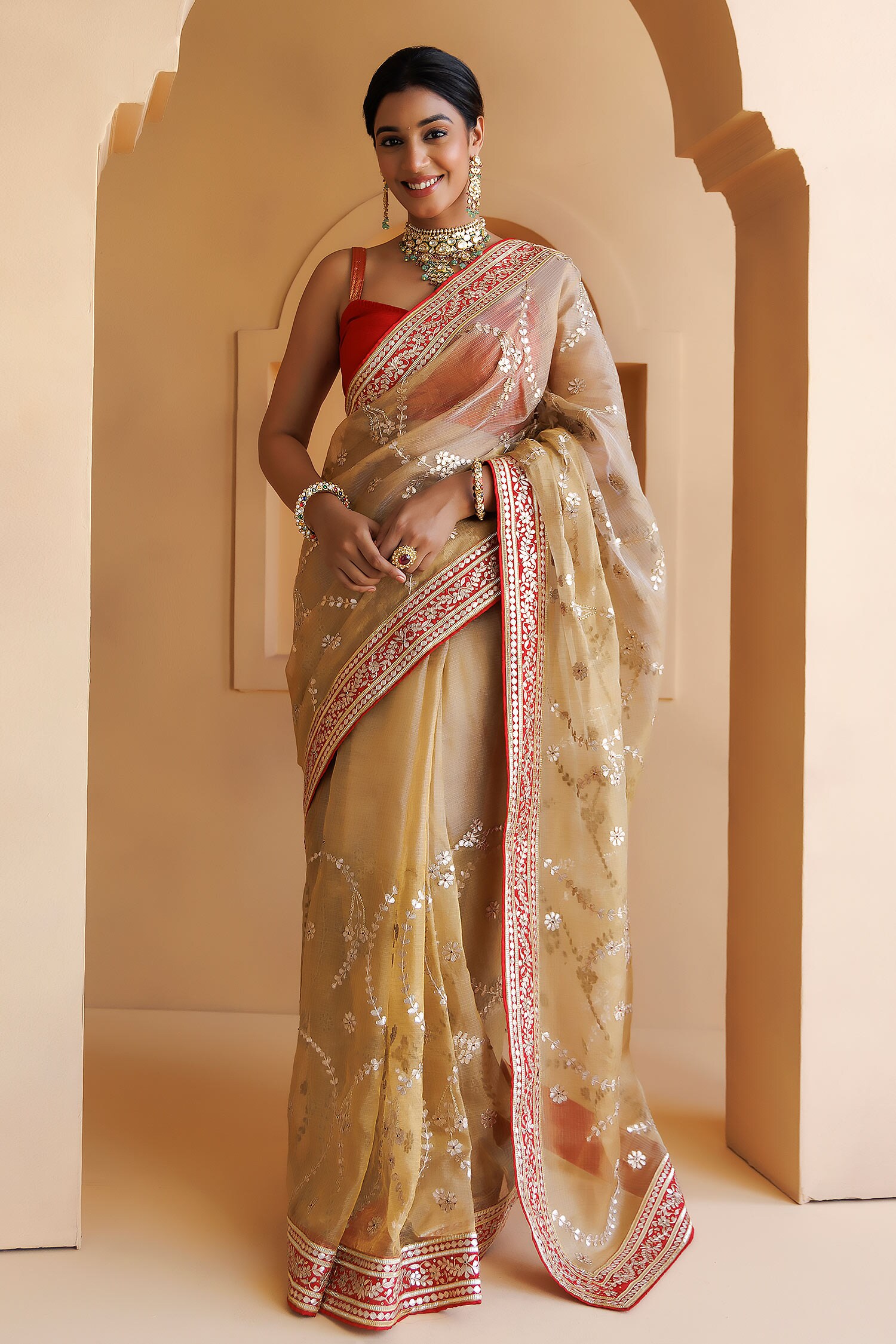 Buy Geroo Jaipur Beige Floral Jaal Embroidered Saree With Unstitched ...