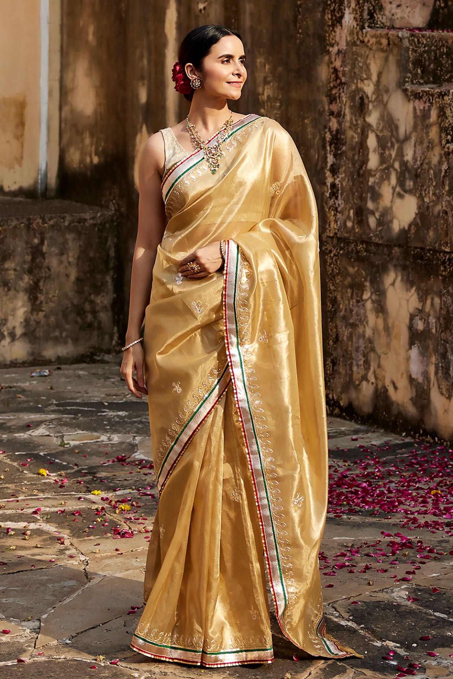 Buy Geroo Jaipur Gold Gota Embroidered Saree With Unstitched Blouse ...