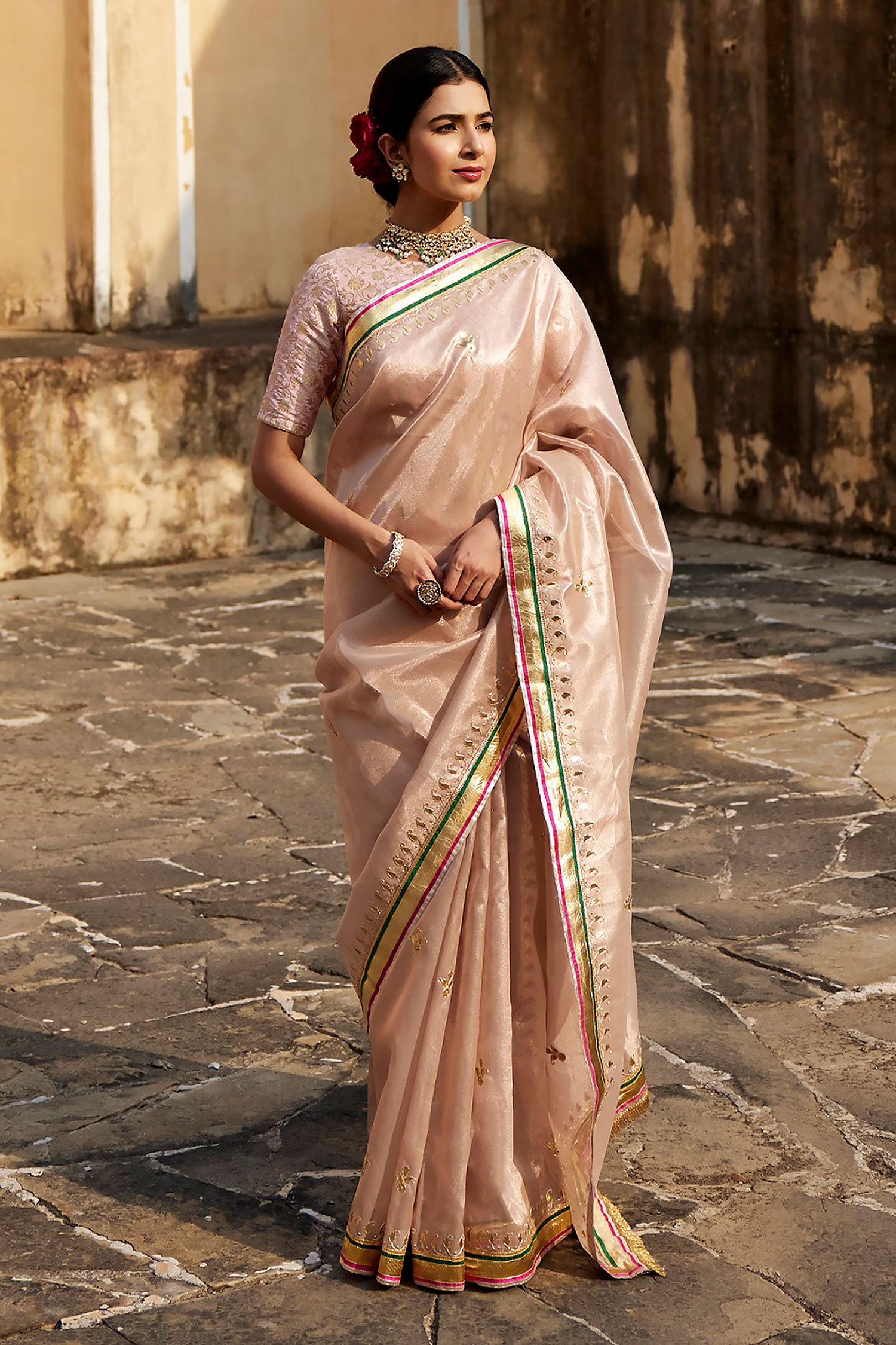 Buy Geroo Jaipur Pink Gota Work Saree With Unstitched Blouse Piece ...
