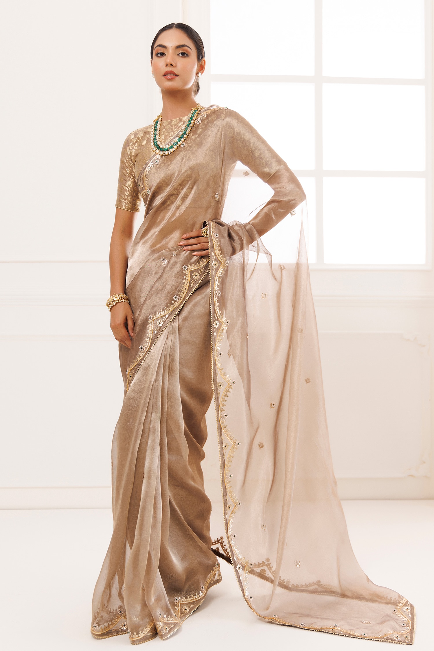 Buy Geroo Jaipur Gold Gota And Pearl Work Saree With Unstitched Blouse ...