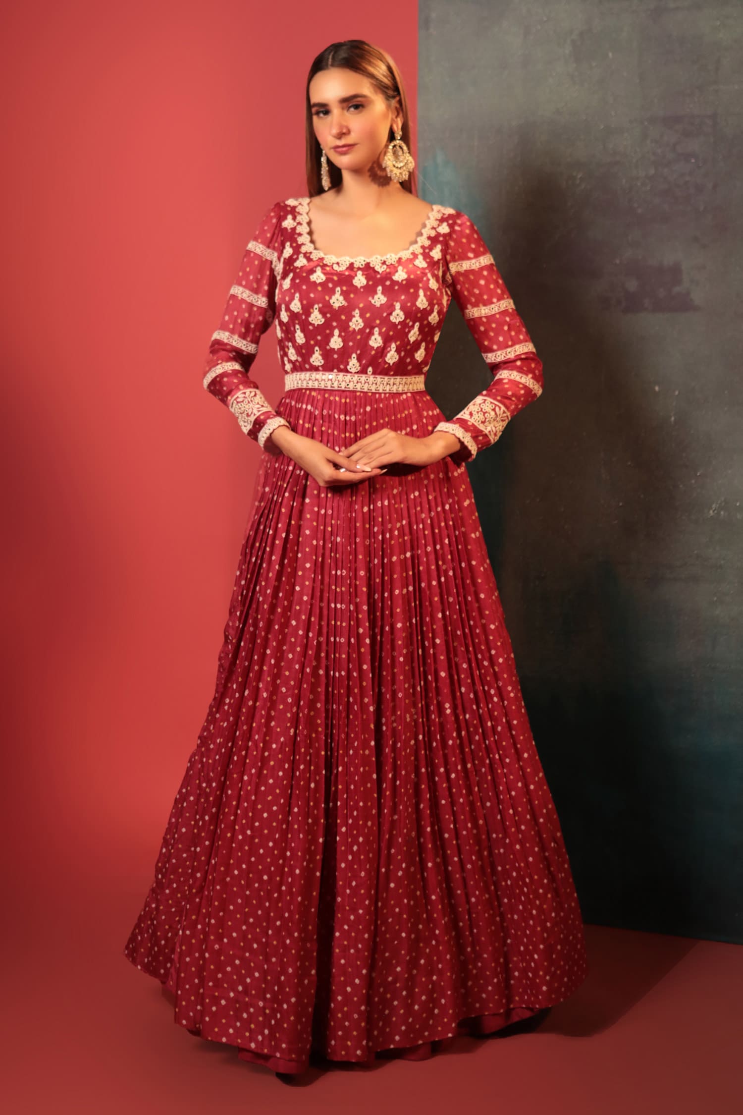 Buy Purple Silk Embroidered Pearl Round Bandhani Pleated Anarkali For ...