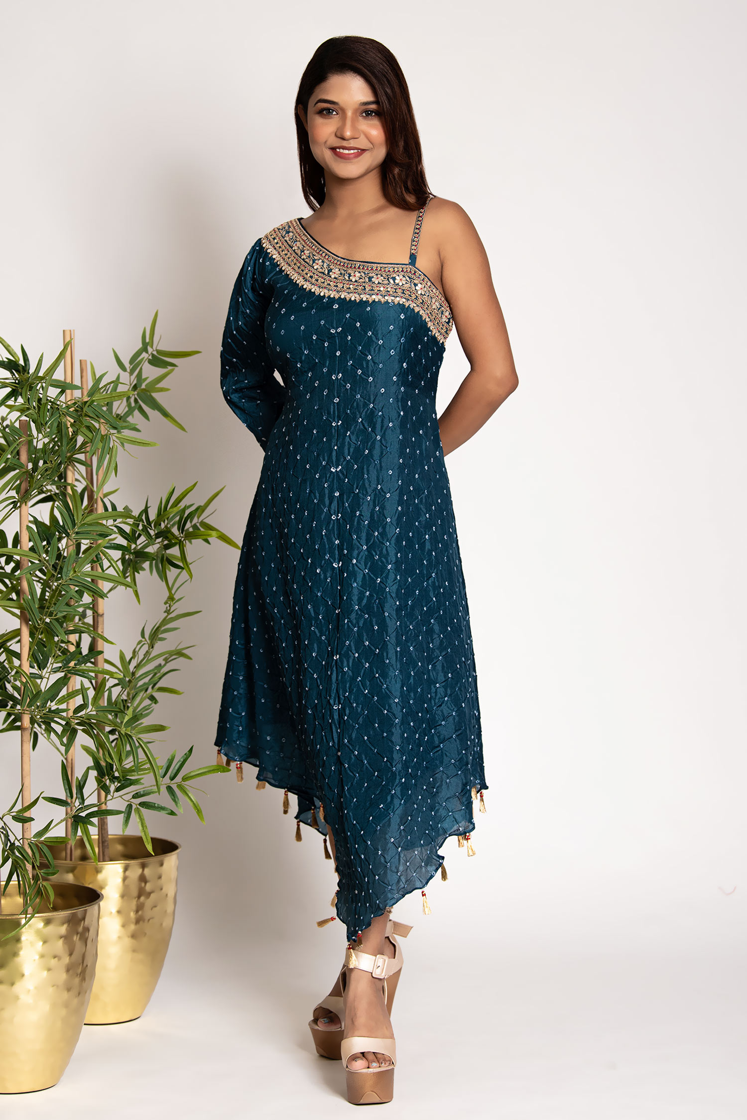 Buy Blue Silk Embroidered Bandhani One Shoulder Pattern Tunic For Women ...