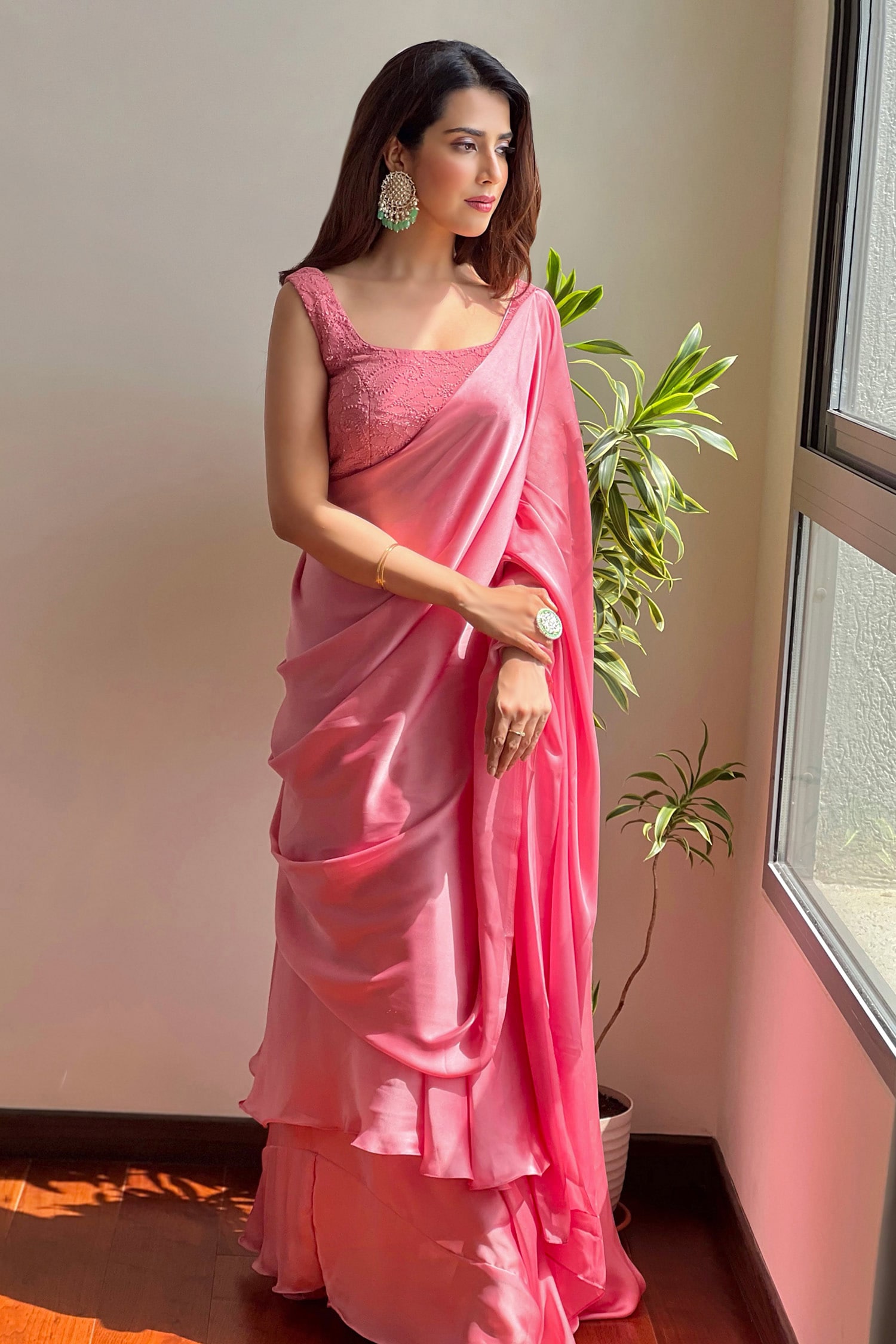 Buy Pink Satin Embroidery Chikankari Square Neck Elsa Lehenga Saree ...