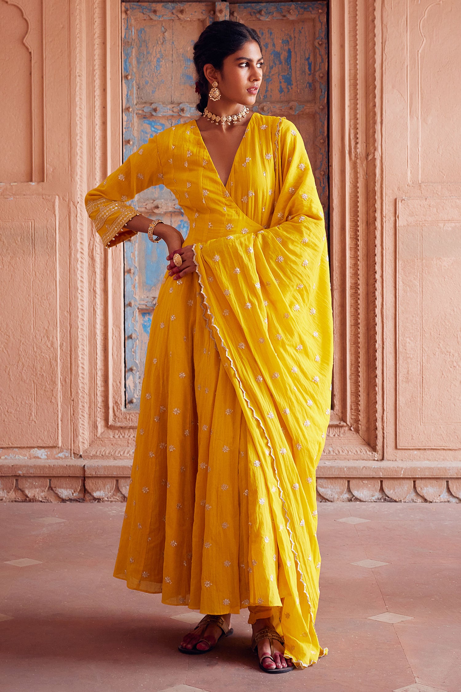 Buy Seema Nanda Yellow Cotton Mul Farisha Butti Embroidered Anarkali ...