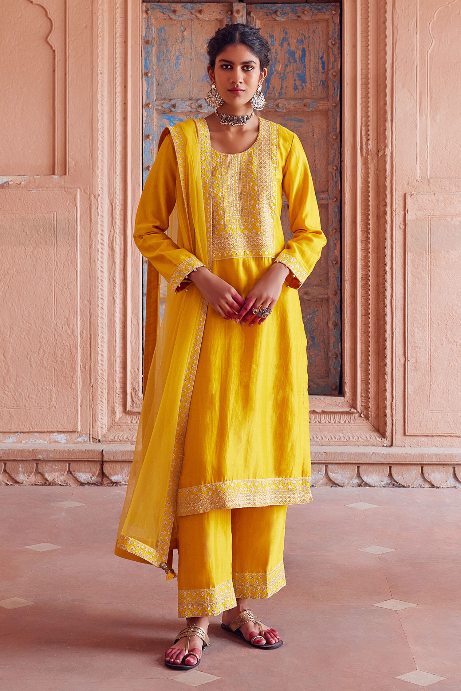 Buy Yellow Chanderi Silk Embellished Fida Embroidered Kurta Pant Set ...