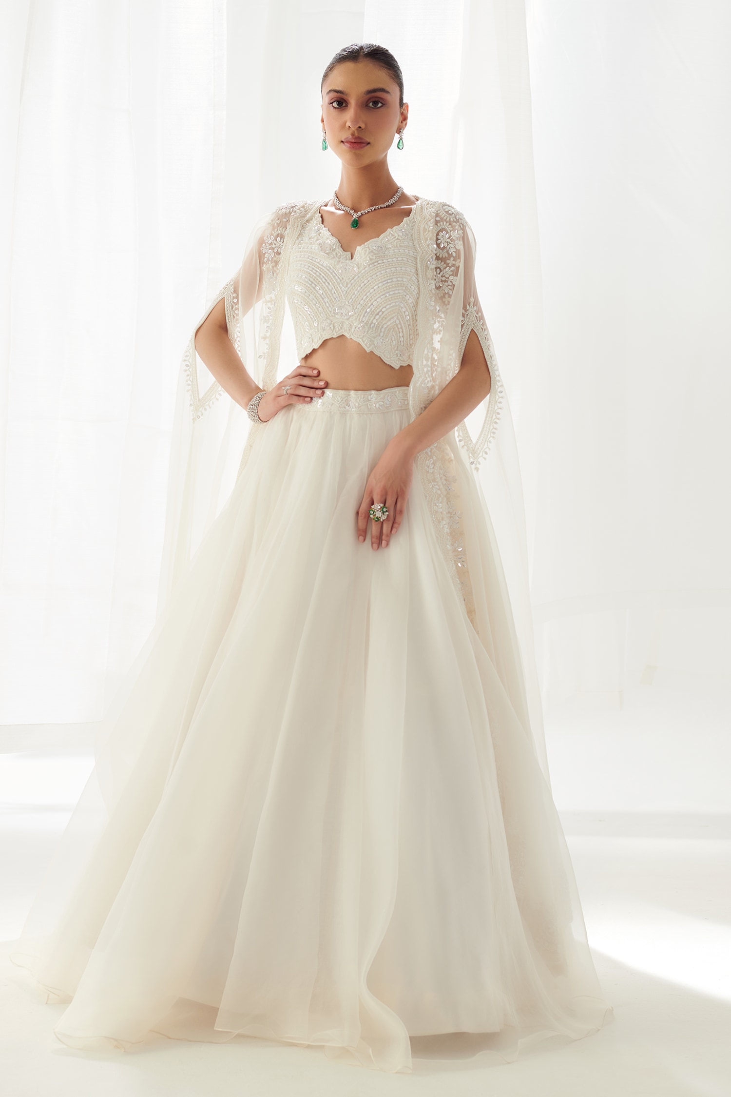 Buy White Organza Embroidered Resham V Neck Cape Lehenga Set For Women ...