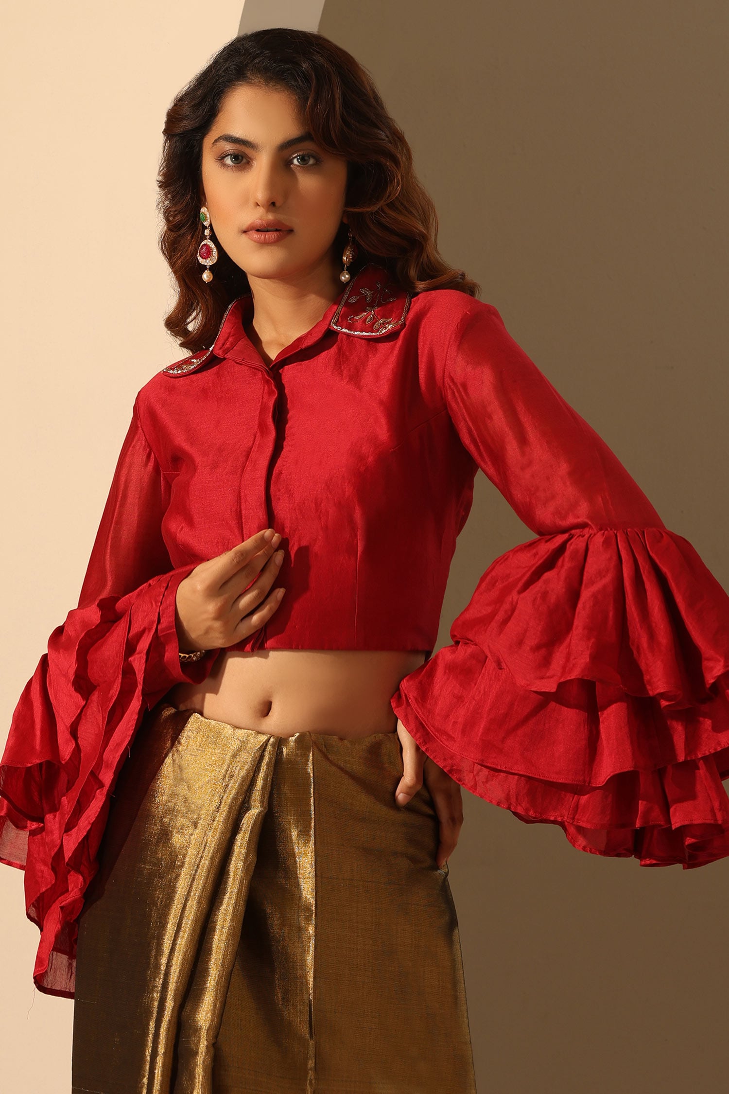 Buy Red Heavy Weight Chanderi Placement Hand Ruffled Sleeve Blouse For ...