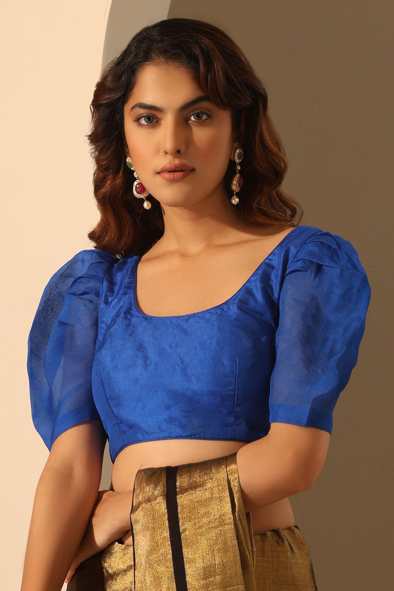 Buy Blue Silk Solid Round Cowl Sleeve Blouse For Women by Weaver Story ...