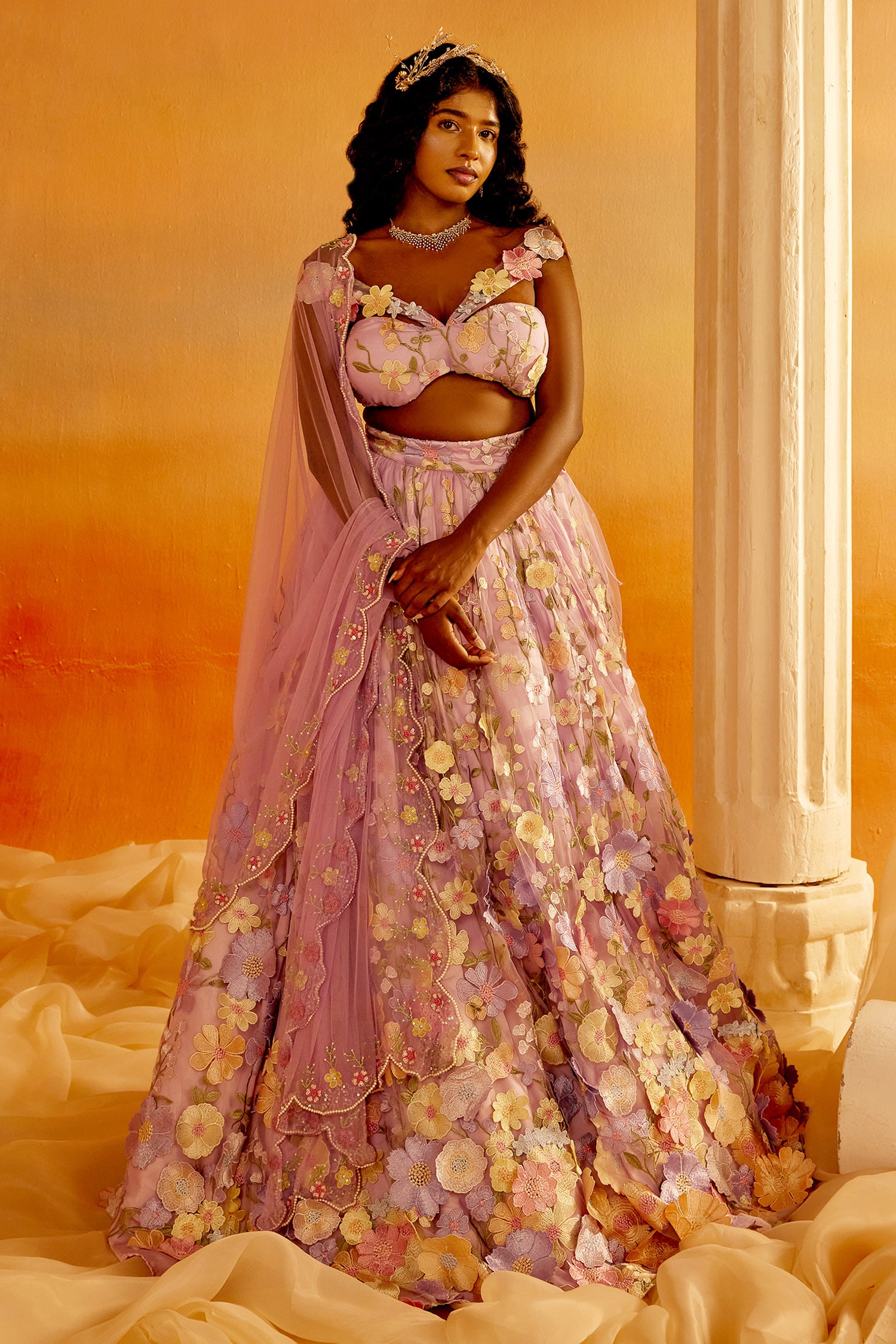 Buy SAANJH BY LEA Purple Mesh Sayeda 3d Floral Embroidered Lehenga Set ...