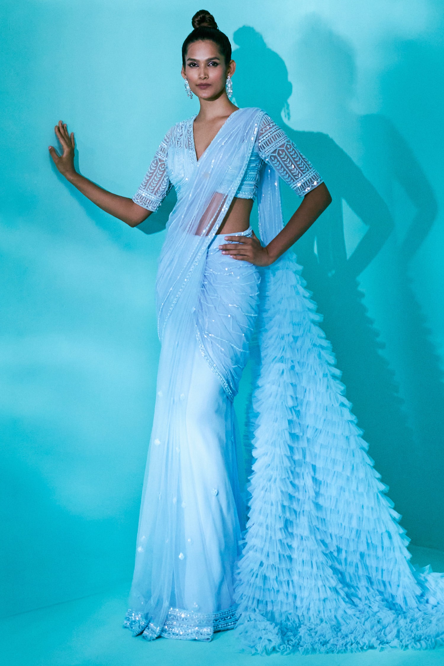 Buy Nayantaara Blue Swiss Net Ripple Embroidered Pre-draped Saree And ...