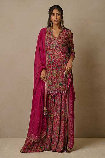 Buy Tarun Tahiliani Multi Color Kashida Embroidered Kurta Sharara Set ...