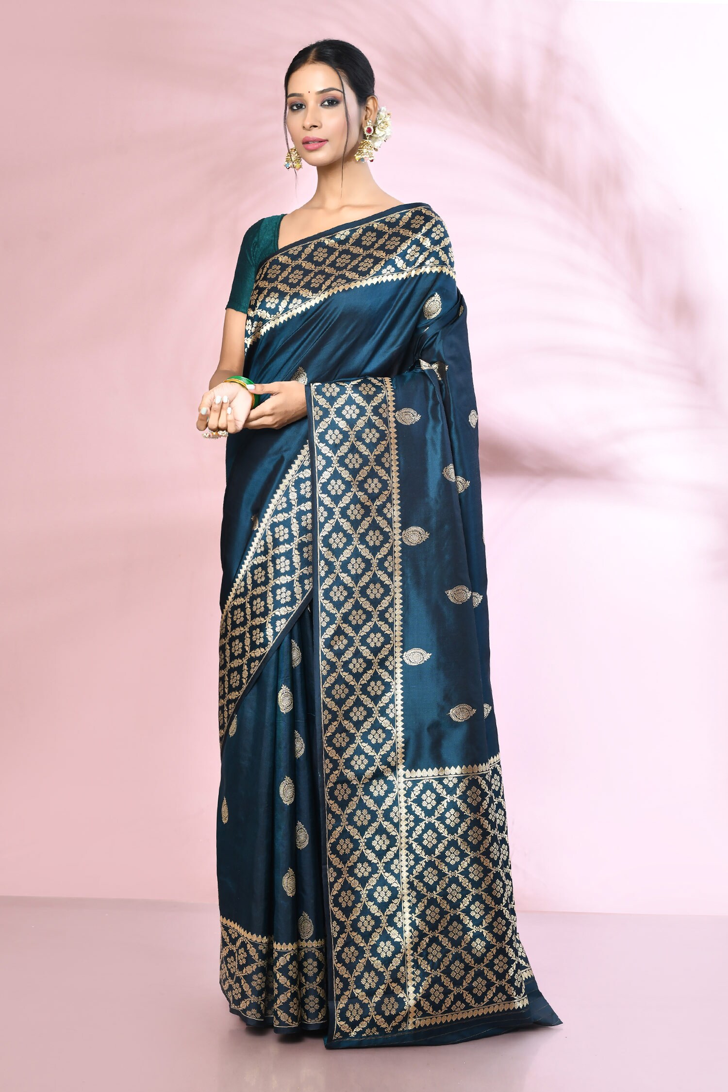Buy Blue Silk Woven Floral Jaali Border Saree With Running Blouse For ...