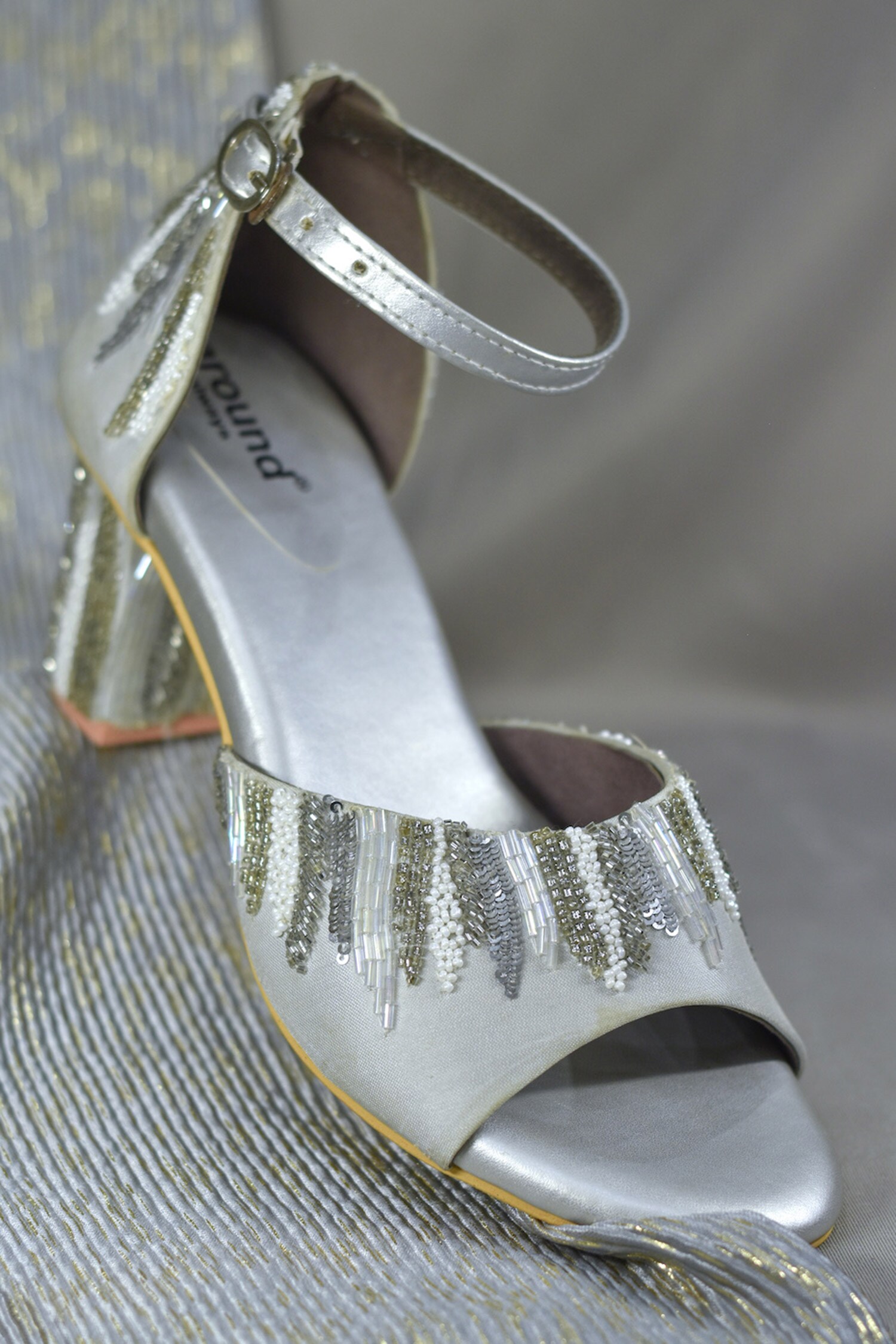 Buy Around Always Silver Poly Silk Titan Bead Embroidered Peeptoe ...