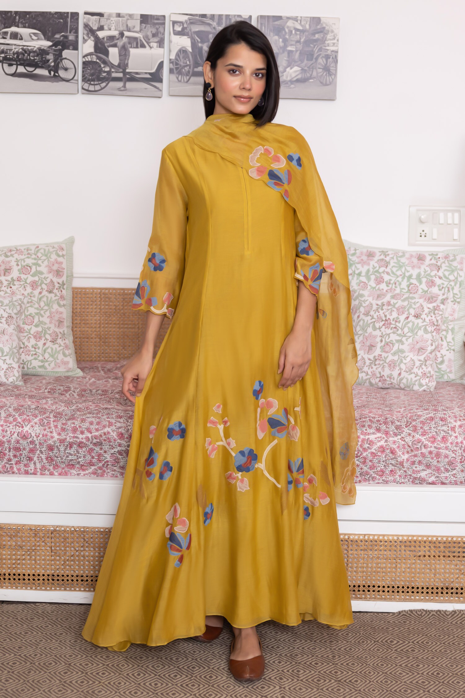 Buy Vaayu Yellow Cotton Muslin Floral Applique Anarkali With Dupatta ...