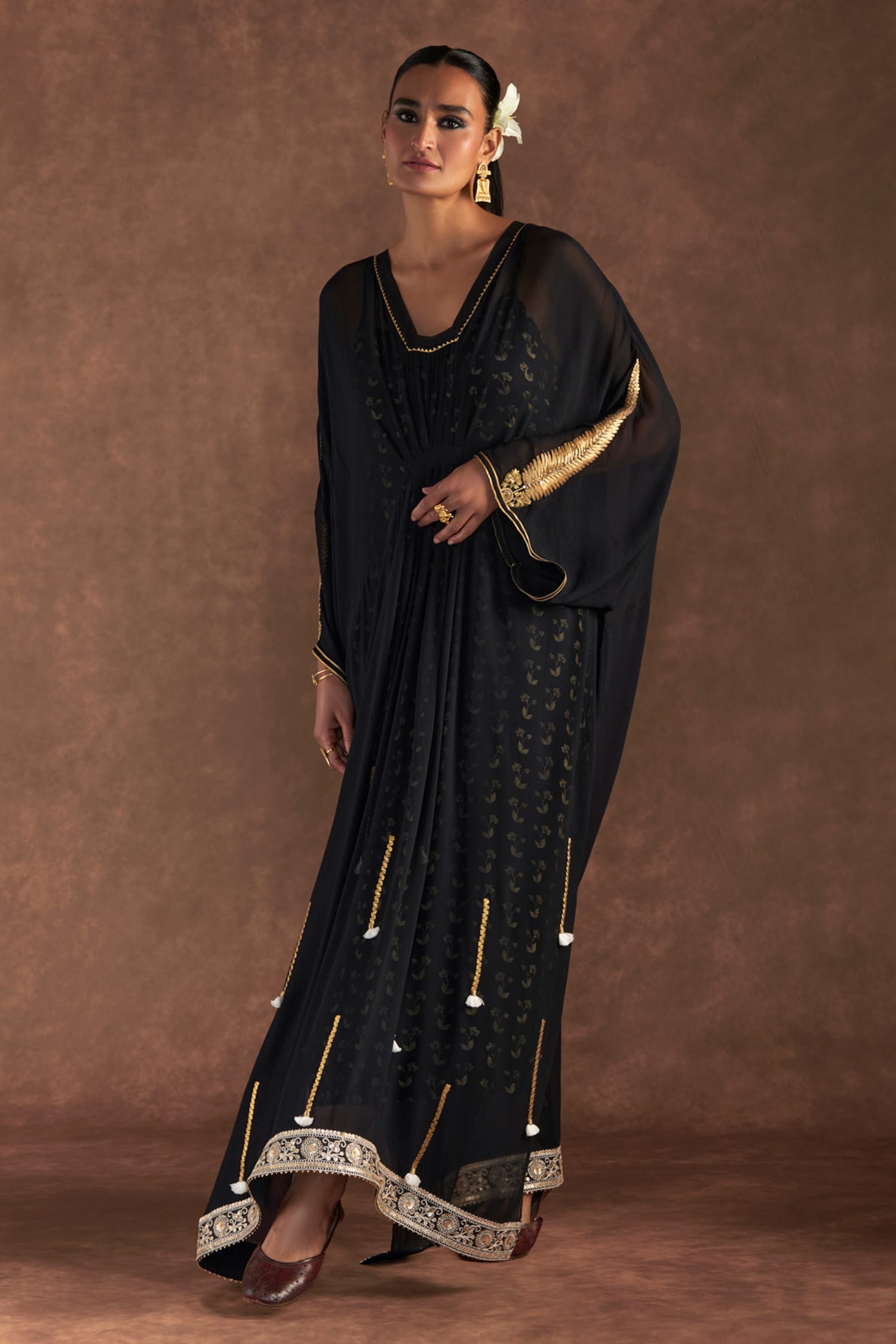 Buy Black Kaftan Georgette Embroidered And Printed Gota Square Paan ...