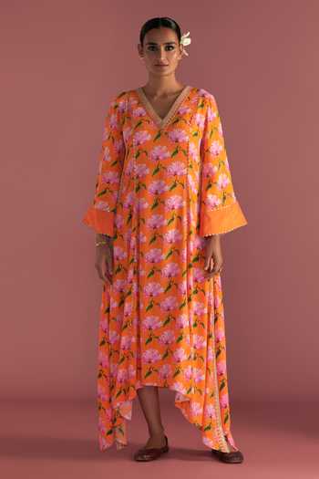 Buy Masaba Orange Crepe Silk Mist Floral Print Kaftan Online | Aza Fashions