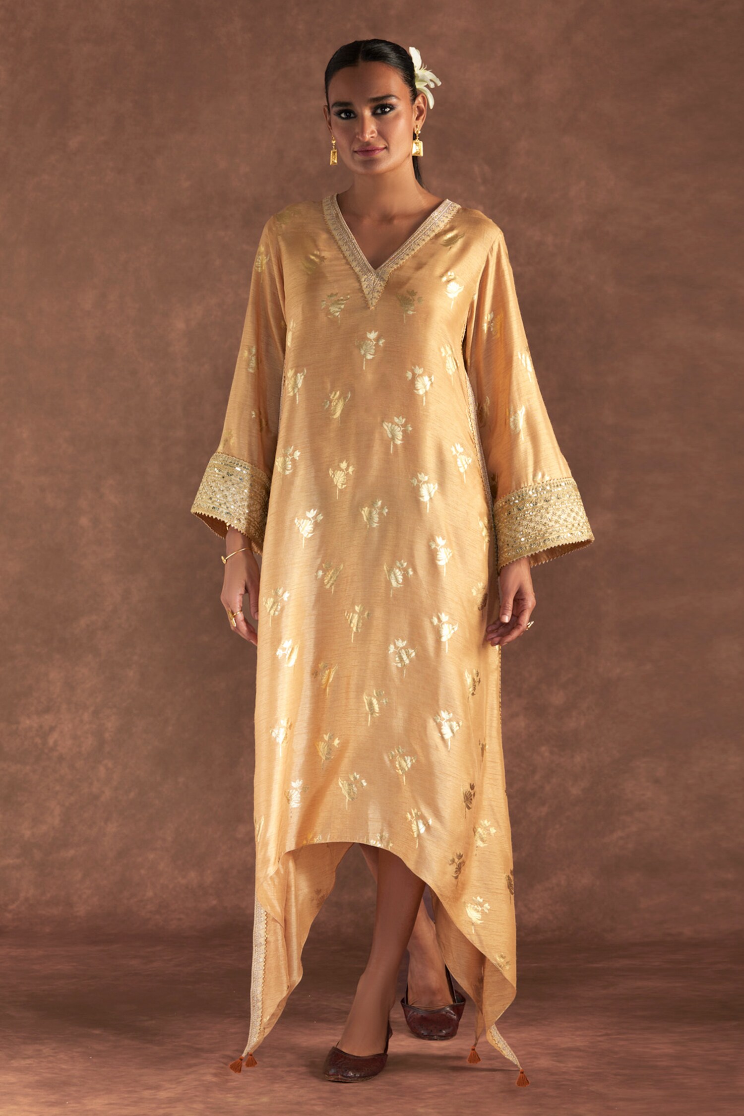 Buy Beige Raw Silk Foil Printed Irisbud V Neck Floral Kaftan For Women ...