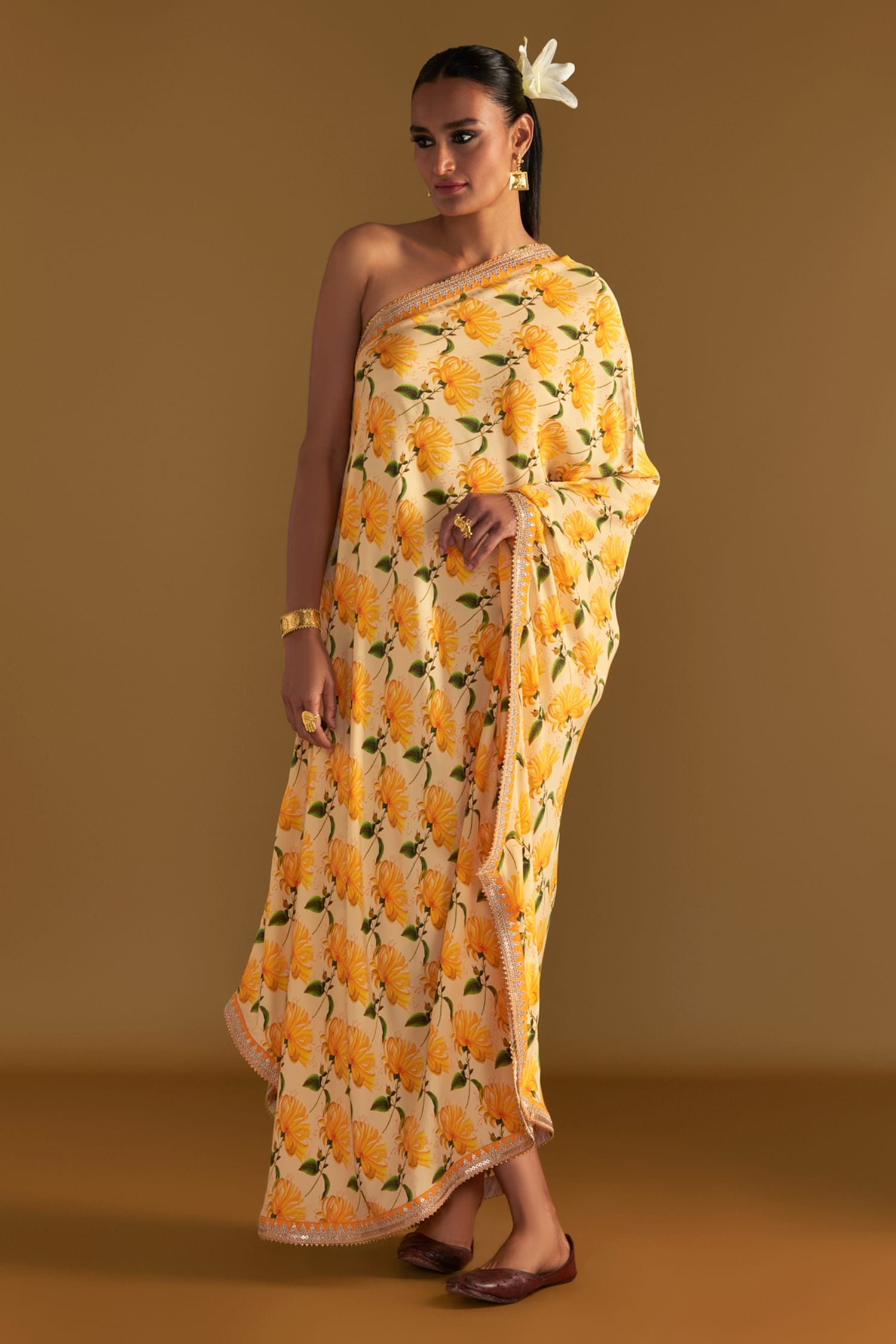 Buy Masaba Beige Mist Print One Shoulder Kaftan Online | Aza Fashions