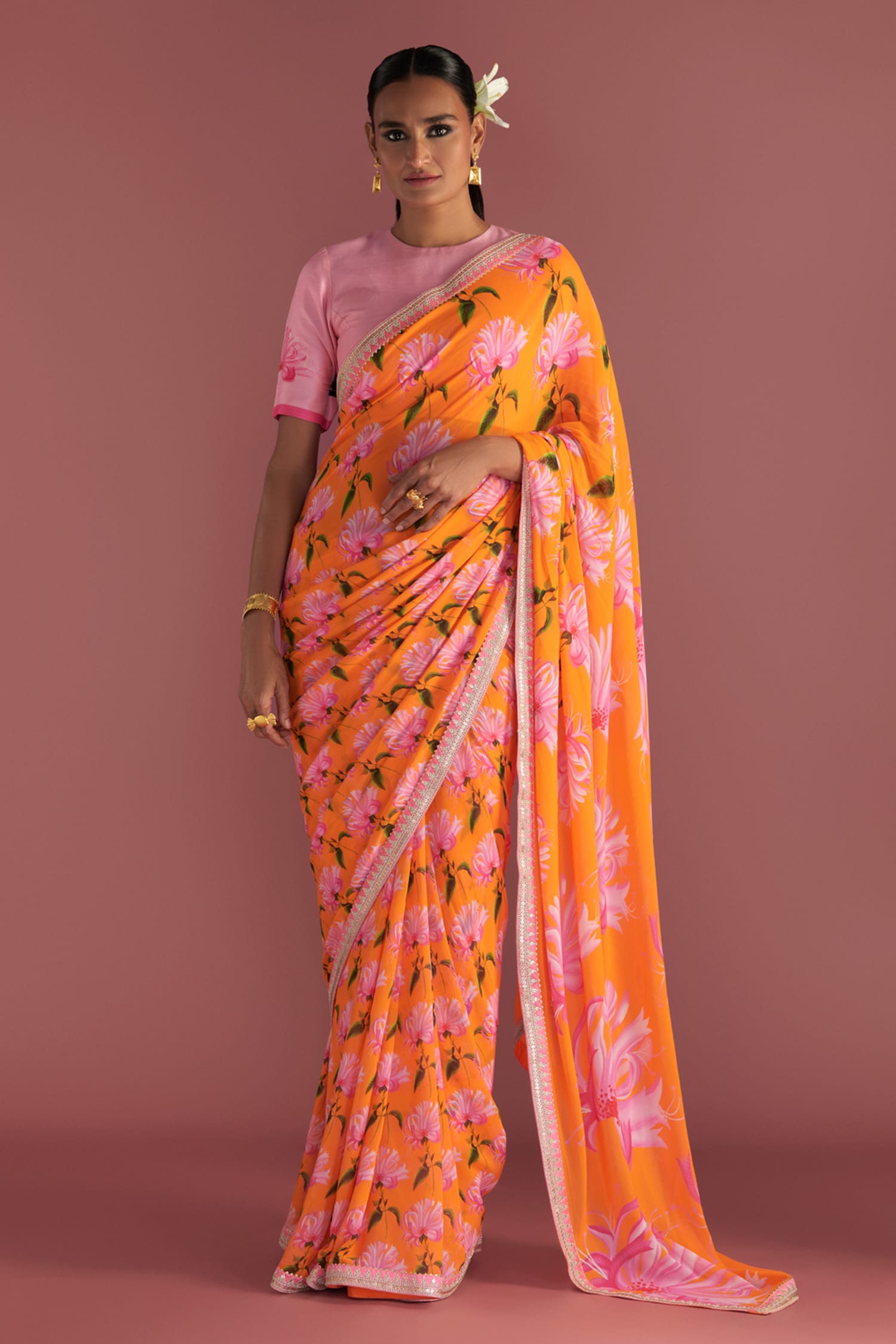 Buy Orange Georgette Digital Printed Mist Floral Saree With Blouse ...