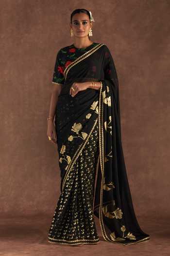 Buy Masaba Black Saree- Georgette Springbud Print Saree With Blouse ...