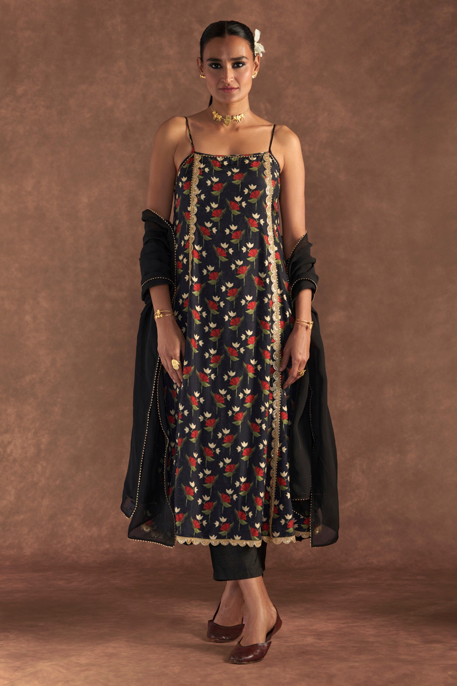 Buy Masaba Black Irisbud Print Raw Silk Anarkali Set Online | Aza Fashions