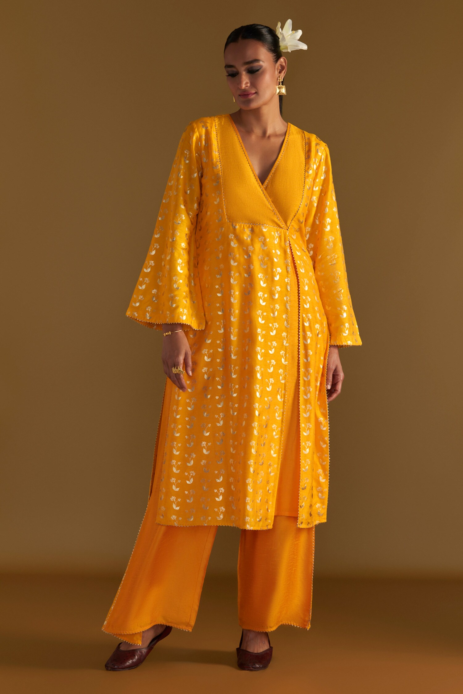 Buy Masaba Yellow Raw Silk Springbud Floral Print Kurta And Culotte Set ...