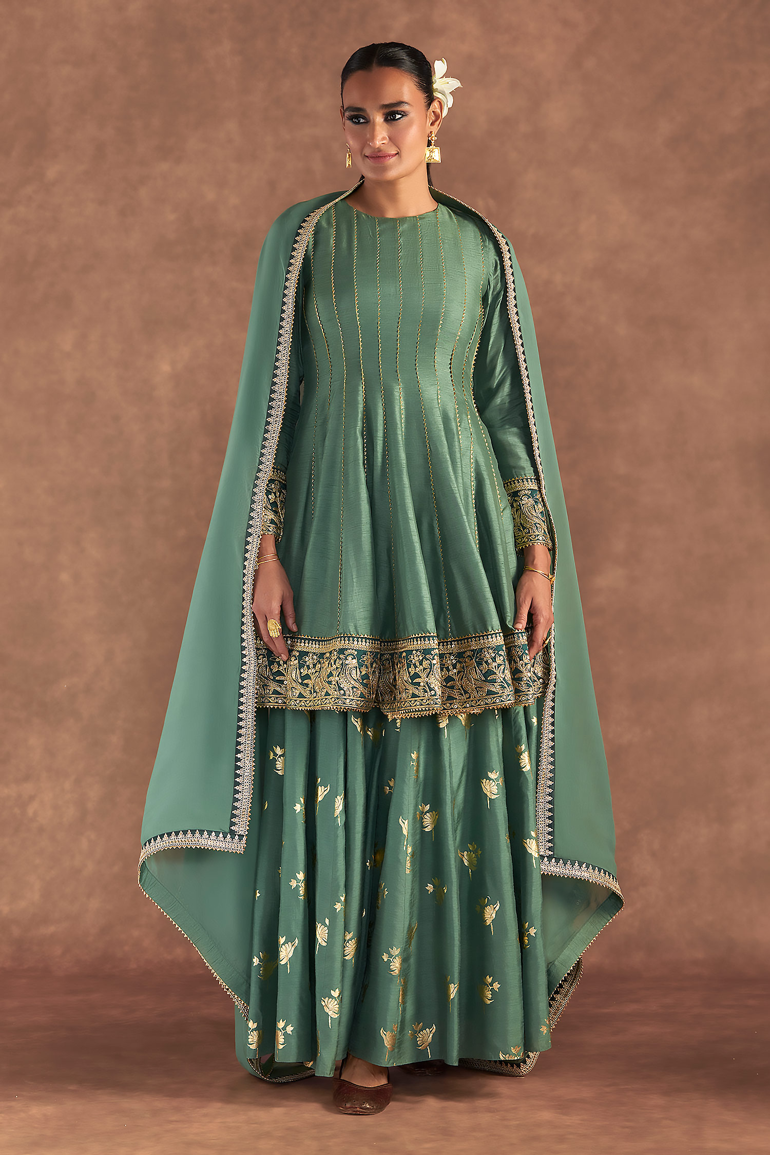 Buy Green Anarkali And Sharara- Raw Silk Foil Printed Irisbud Round Set ...