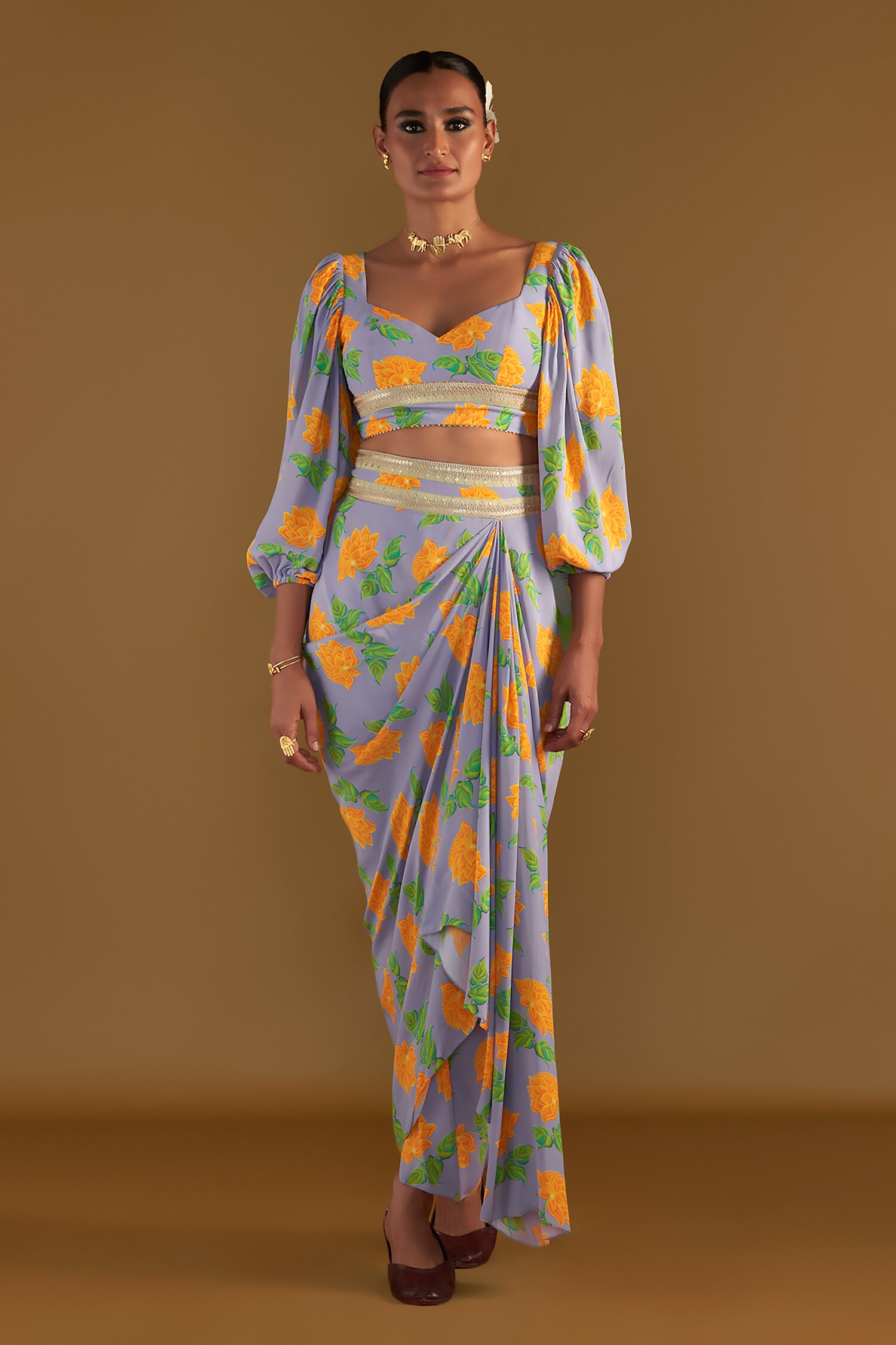 Buy Masaba Purple Crepe Silk Grace Floral Print Bustier And Draped ...