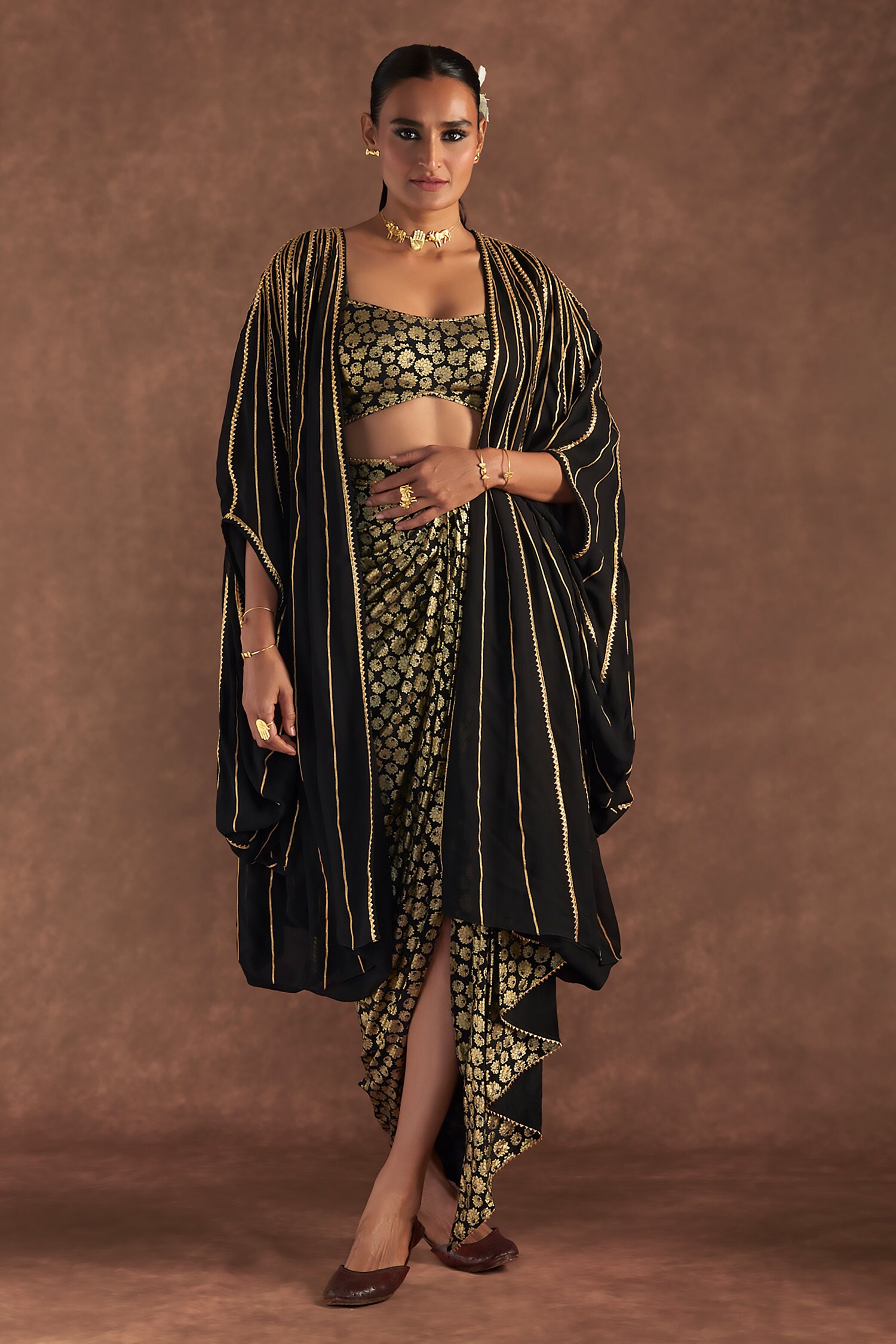 Buy Black Bustier And Drape Skirt- Crepe Silk Foil Printed Berrybloom ...