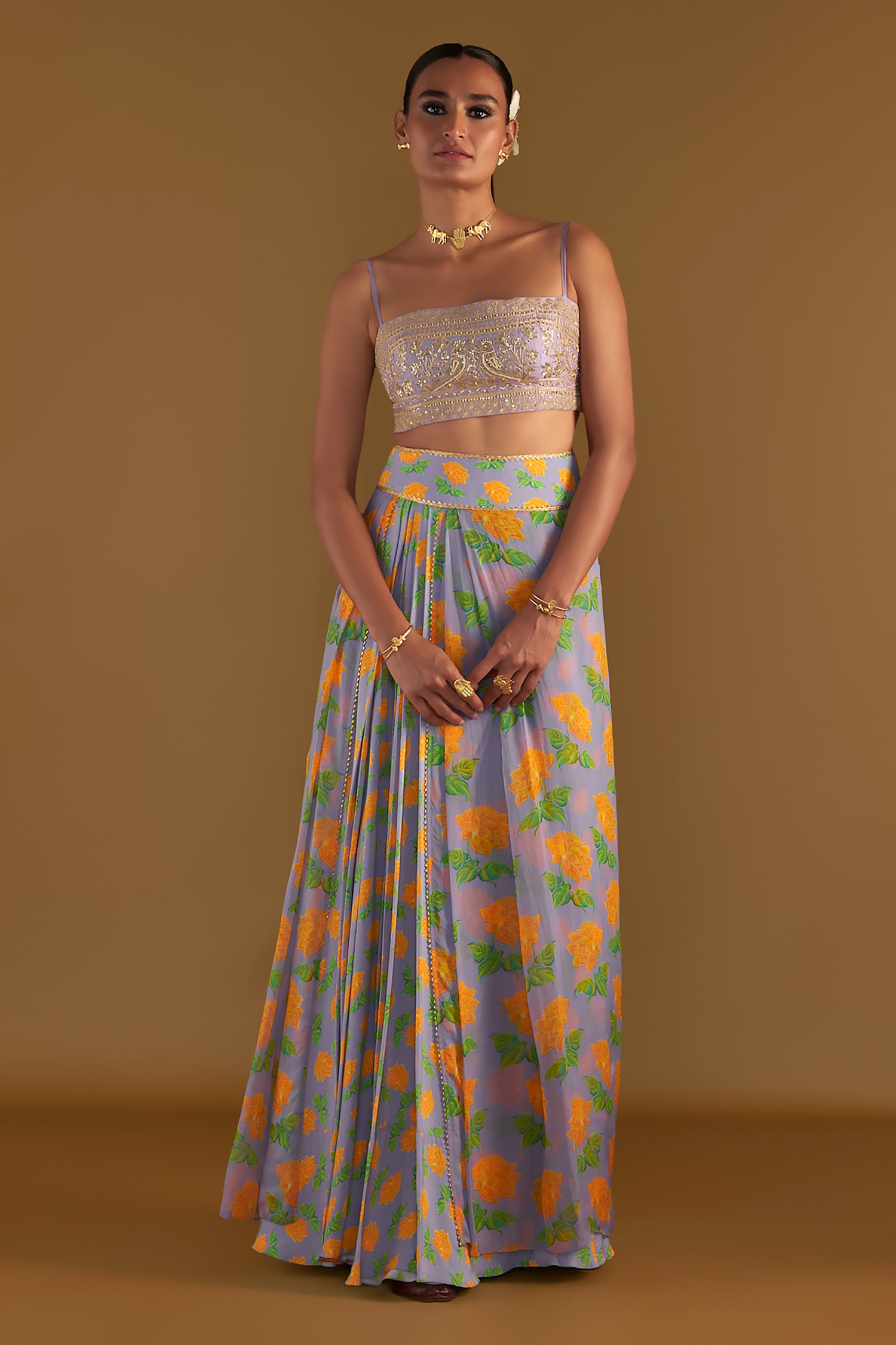 Buy Purple Bustier- Raw Silk Digital Printed Grace With Layered Skirt ...