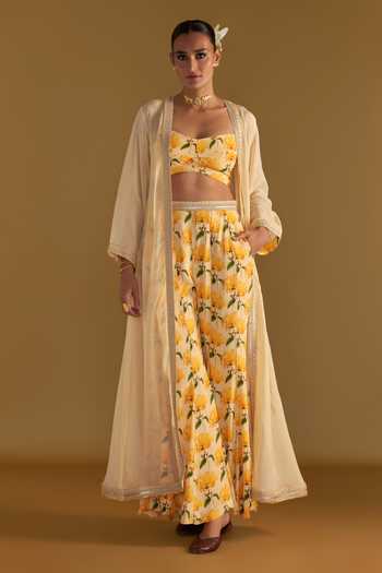 Buy Masaba Beige Bustier Mist Floral Print Kali Pant Set With Cape ...