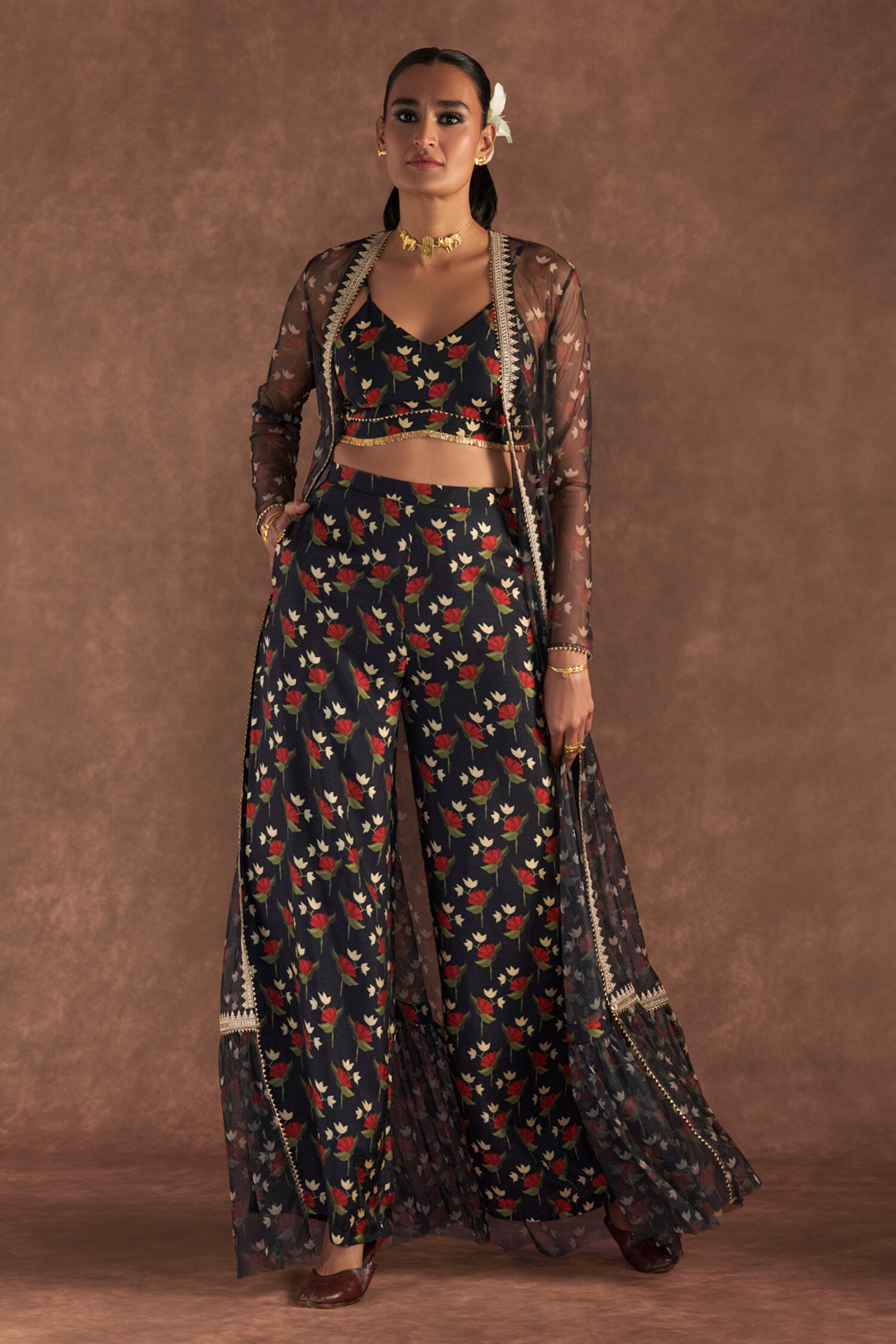 Buy Masaba Black Bustier Irisbud Floral Print Flared Pant And Cape Set ...