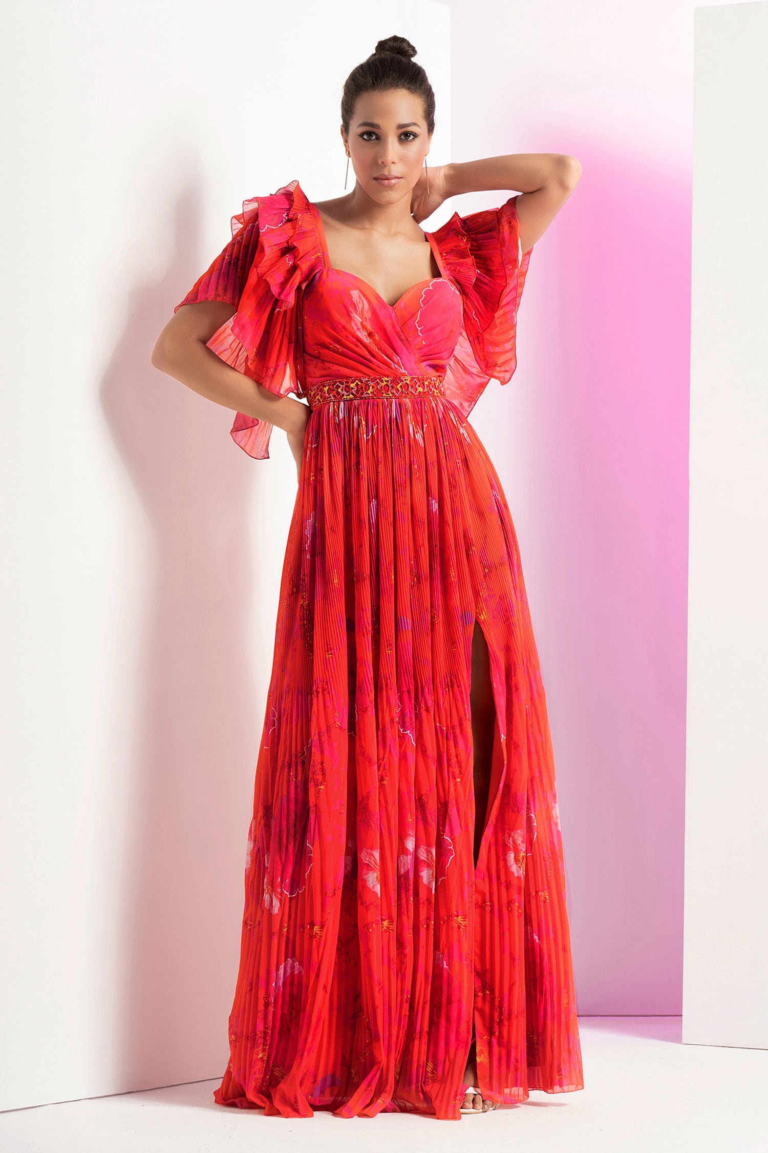 Buy Mandira Wirk Red Georgette Floral Print High Slit Dress Online ...