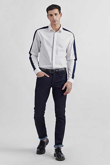 Buy PERONA White Terylene Full Sleeve Contrast Panel Shirt Online | Aza ...