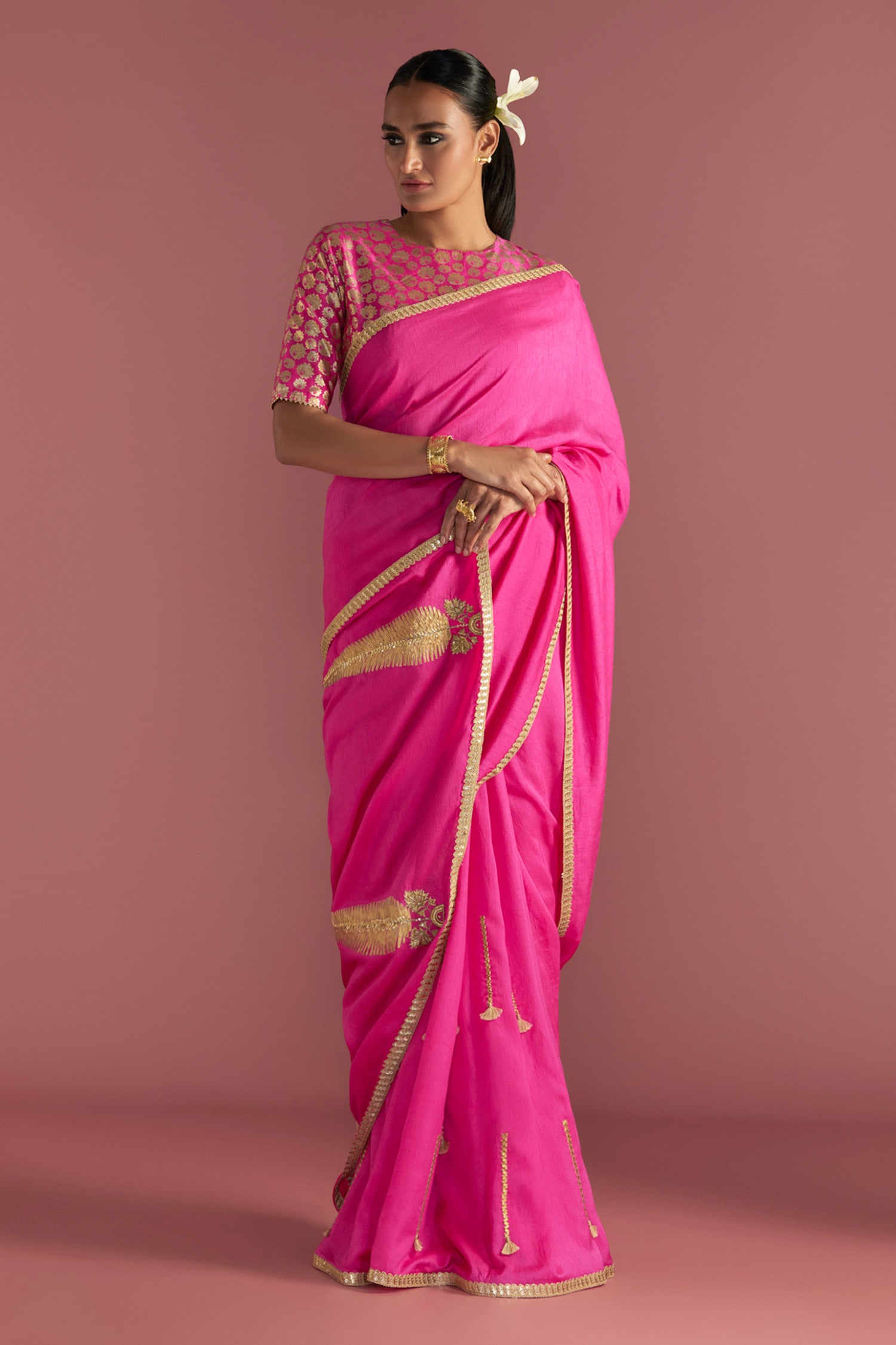 Buy Magenta Raw Silk Embroidered Paan Patti Saree With Printed Blouse ...